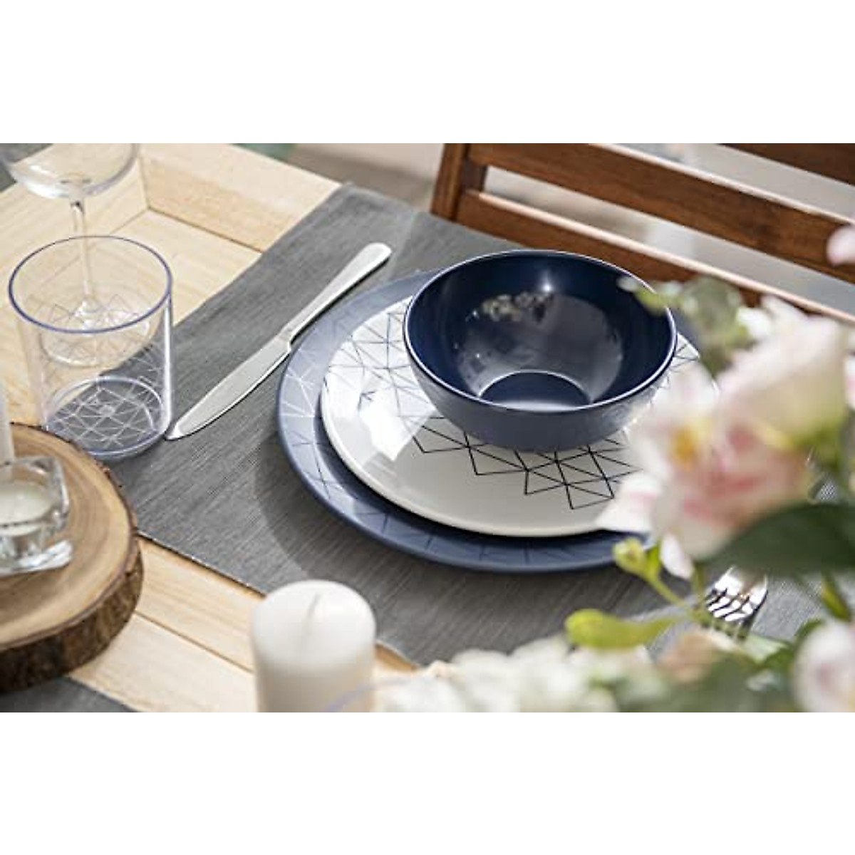 bzyoo 12 Piece Melamine Dinnerware Set - Durable, Dishwasher Safe Plates and Bowls - Dinning, Parties, Camping Dish Set Spidy Blue Collection