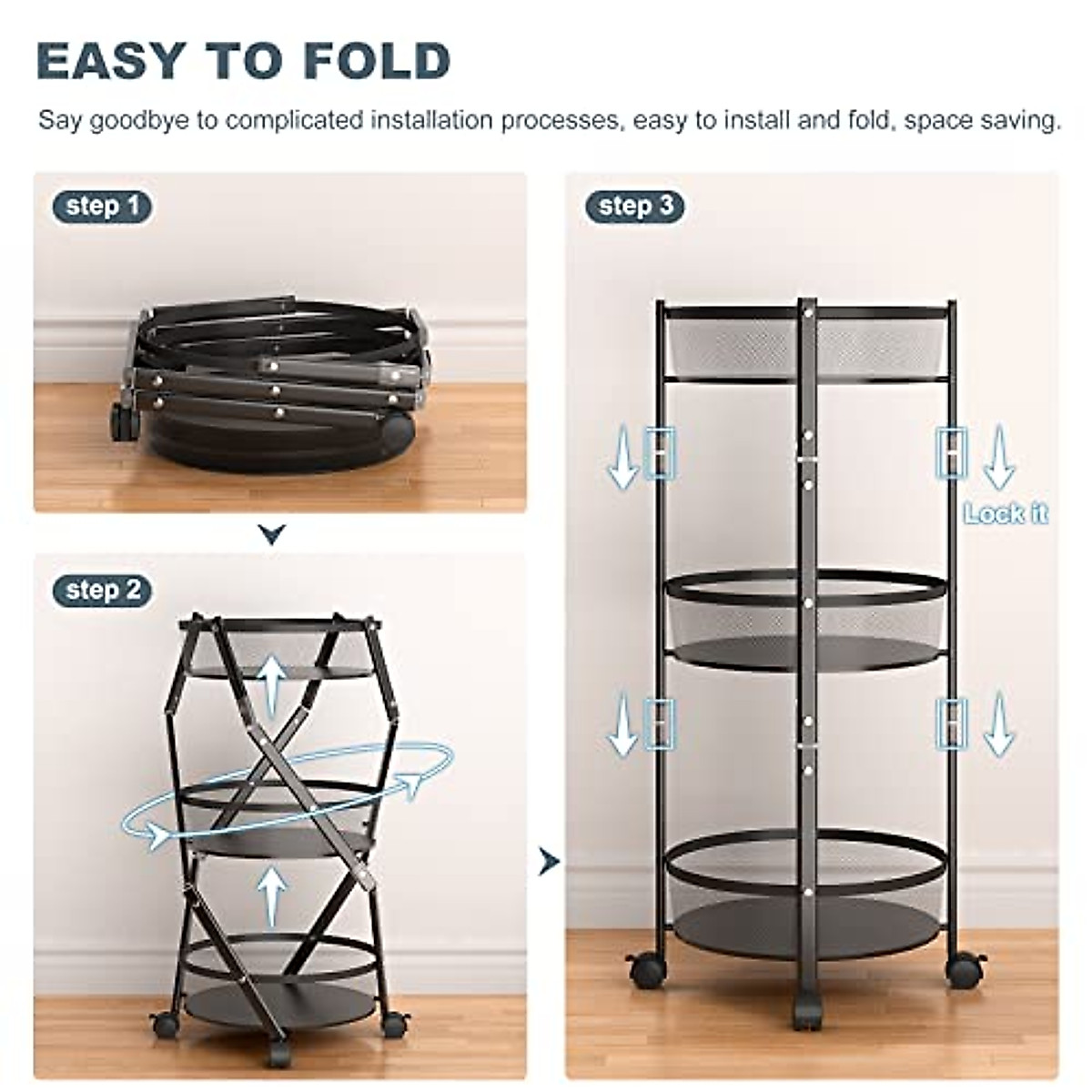 Innotic 3-Tier Rolling Utility Cart, No Assemble, Collapsible Metal Storage Organizer Cart with Lockable Wheels, Multifunctional Trolley for Kitchen, Office, Garden(Black)