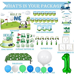 129 PCs Hole In One First Birthday Decorations, Fiesec Golf 1st Party Decorations Backdrop Balloon Garland Banner Tablecloth Cake Cupcake Topper Box Cutout Crown Poster Golf Club Ball Green Blue