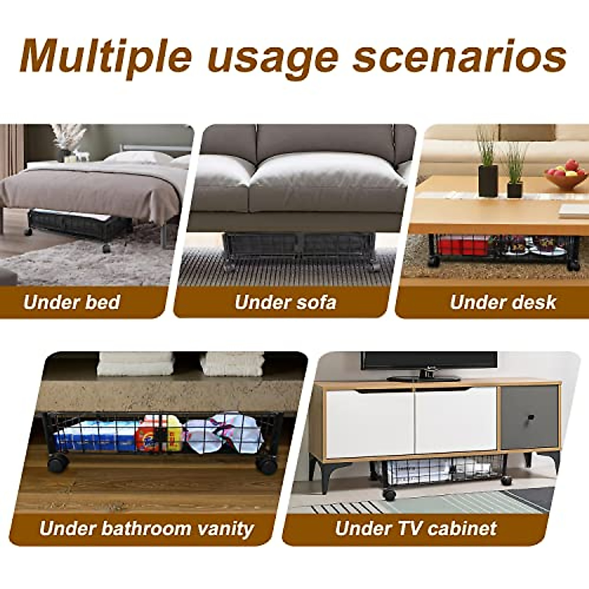 HoCorn Under Bed Storage with Wheels, Rolling Under Bed Shoe Storage Container, Under Bed Cart with Wheels, Underbed Storage with Sturdy Storage Bags & Clear Window & Thick Fabric, 2 Sets, (Black)