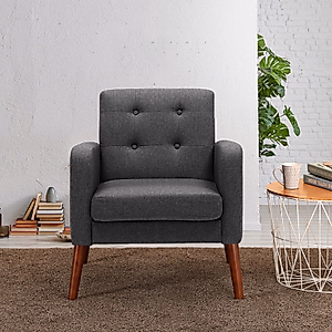 Furniliving Mid Century Modern Arm Chair, Button-Tufted Upholstered Accent Chairs for Bedrooms Living Room Chair with Solid Wood Legs Linen Fabric Comfy Lounge Chair, Dark Grey