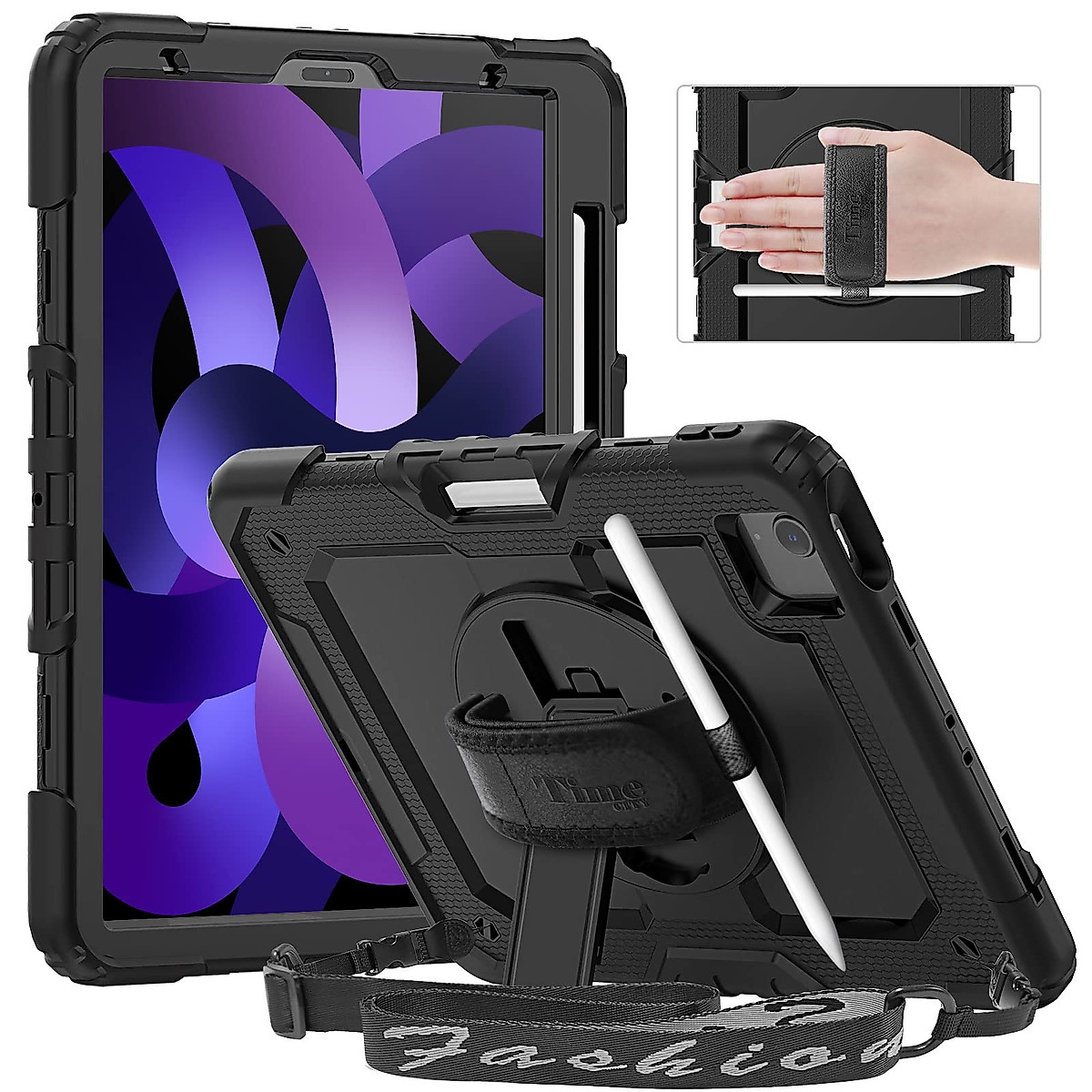 Timecity Case for iPad Air 5th Generation 2022/ for iPad Air 4th Generation 2020-10.9 inch, Durable Sturdy Protection Case with Pencil Holder Screen Protector [360 Rotating Stand] Hand Strap- Black