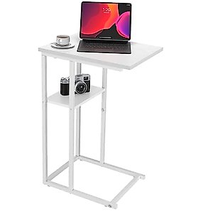 Yusong C Shaped End Table, Small Side Tables Slide Under Sofa Couch Bed, Small TV Tray Bedside Table for Small Spaces, Living Room, Bedroom, White