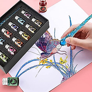 mancola Glass Dipped Pen Ink Set Handmade Crystal Calligraphy Pen with 12 Colorful india ink for Art, Signatures, Drawing, Decoration, Calligraphy Kits for Beginners Ma-13