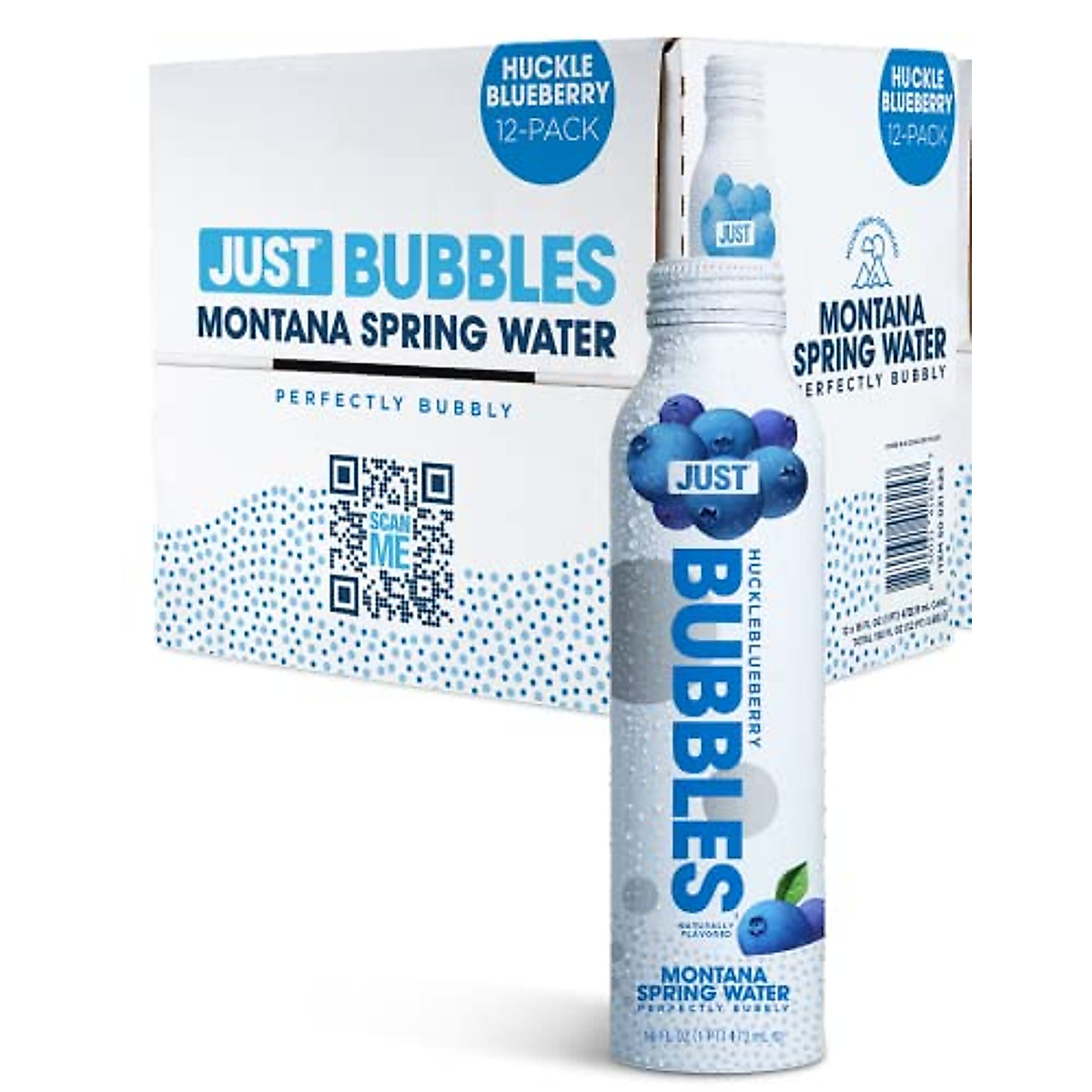 JUST Bubbles Huckleblueberry - Pure Premium Sparkling Spring Water in a Fully Recyclable Reusable Eco-Friendly Bottle - 100% Mountain-Sourced Carbonated Water with Naturally Occurring Minerals, 16 Fl Oz (Pack of 12)