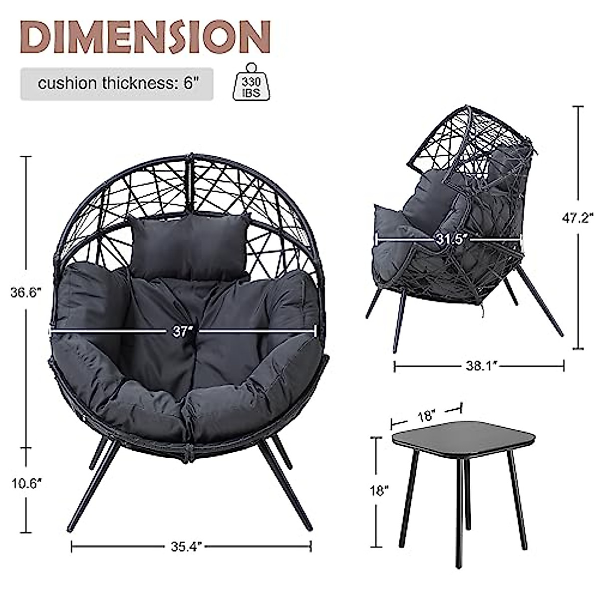 YIGUO Patio Wicker Egg Chair with Table, Egg Basket Lounger with Cushion and Stand, PE Rattan Cuddle Chair for Patio, Backyard, Balcony, Poolside, Living Room,Indoor & Outdoor Dark Gray