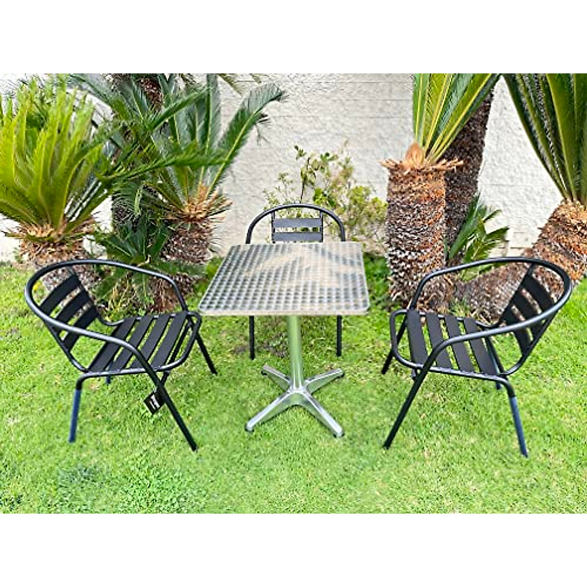 BTEXPERT Indoor Outdoor 23.75" Restaurant Stainless Steel Metal Aluminum Slat Stack Commercial Lightweight, 4 Chairs with a Square Table, Silver/Black