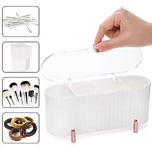 ZOOFOX 2 Pack Qtip Holder Dispenser, Cotton Pads Holder with Clear Lid, Adjustable 3-Grid Bathroom Canisters for Cotton Ball, Swab, Round Pads, Floss, Perfume, Lipstick