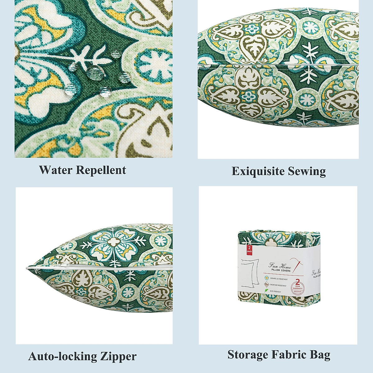 FUNHOME Set of 2 Patio Lumbar Pillows with Insert, 12”x20” Waterproof Fade Resistant Outdoor Lumbar Pillow, Decorative Garden All Weather Lumbar Cushions for Home Patio Coach Sofa Use-Green Medal