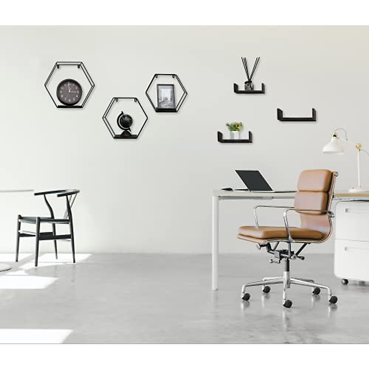 Y & Jason Wall Mounted Honeycomb Floating Shelves, Black Metal Wire Geometric Hexagon Floating Shelf – Set of 6 – Wall Décor for Bedroom, Kitchen, Living Room, Office