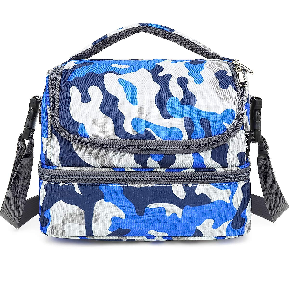 FlowFly Kids Double Decker Cooler Insulated Lunch Bag Large Tote for Boys, Girls, Men, Women, With Adjustable Strap, Blue Camo