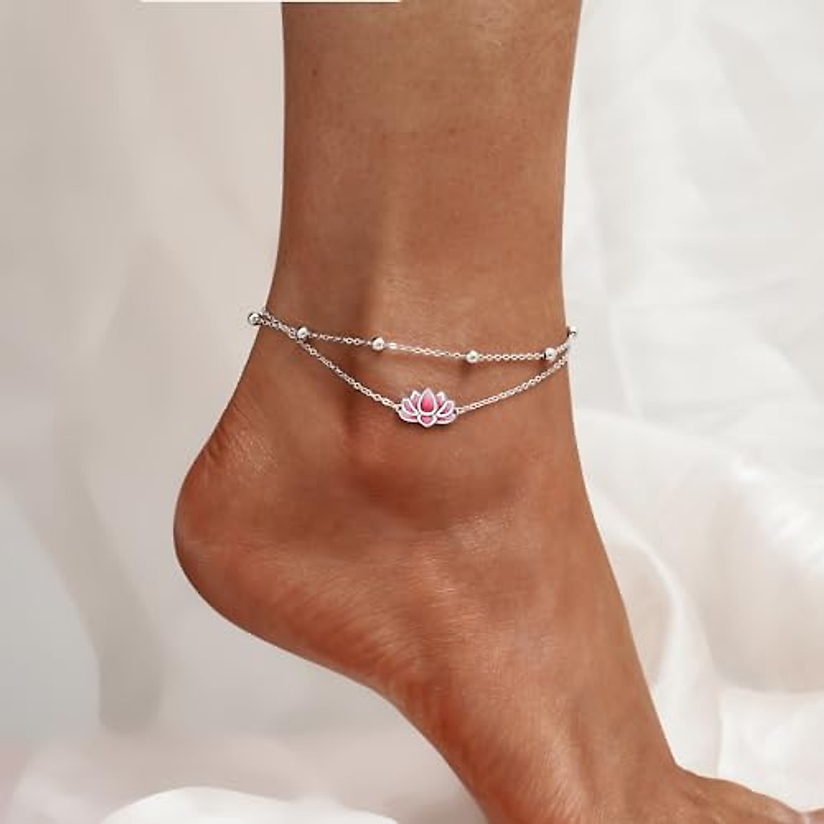 LINGBG JEWELRY Anklet Bracelets for Women 925 Sterling Silver Lotus Flower Yoga Anklet for Women Waterproof Layered Beads Anklet Adjustable Chain Anklet Leg Foot Bracelet for Lady Hotwife