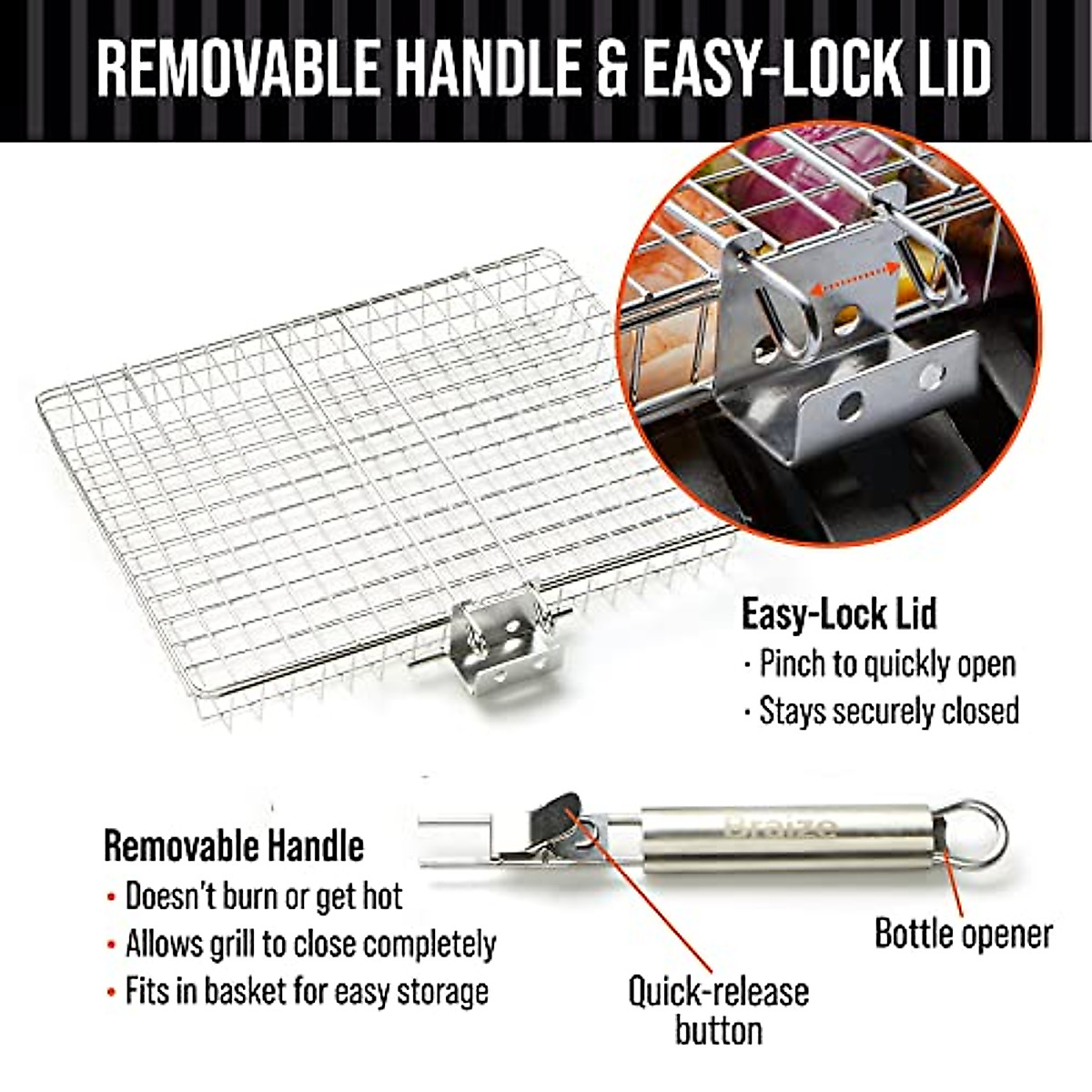 Braize Grill Basket with REMOVABLE HANDLE, fish grill basket - accessories for outdoor grill, cooking accessories, bbq grill. Grilling grilling set camping gear accessories.