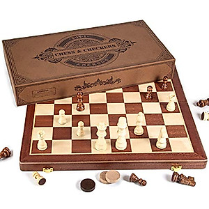 AMEROUS 15 Inches Magnetic Wooden Chess & Checkers Set (2 in 1) - Folding Board -Gift Box Packed -24 Cherkers Pieces -2 Extra Queens - Chessmen Storage Slots, Beginner Chess Set for Kids and Adults