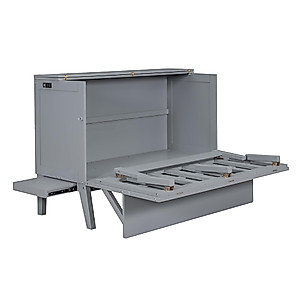 Queen Size Mobile Murphy Bed Chest, Foldable Platform Bed Folded into Cabinet, Wood Murphy Bed Frame with Movable Shelves and USB Port, Bedroom Furniture Versatile Chest Bed Folding Bed (Gray Bed)