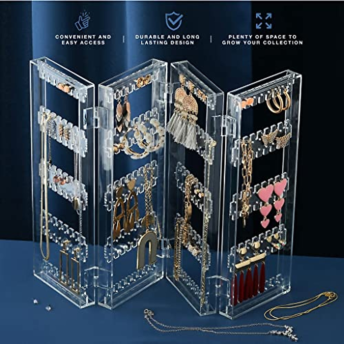 Sagler Jewelry Organizer - 6-Tier Earring Holder Rack For 140 Pairs - Compact Stand For Jewelry - Clear Acrylic Necklace Holder - Foldable & Freestanding Table Top Jewelry Holder - 11.57x4.8x3.46