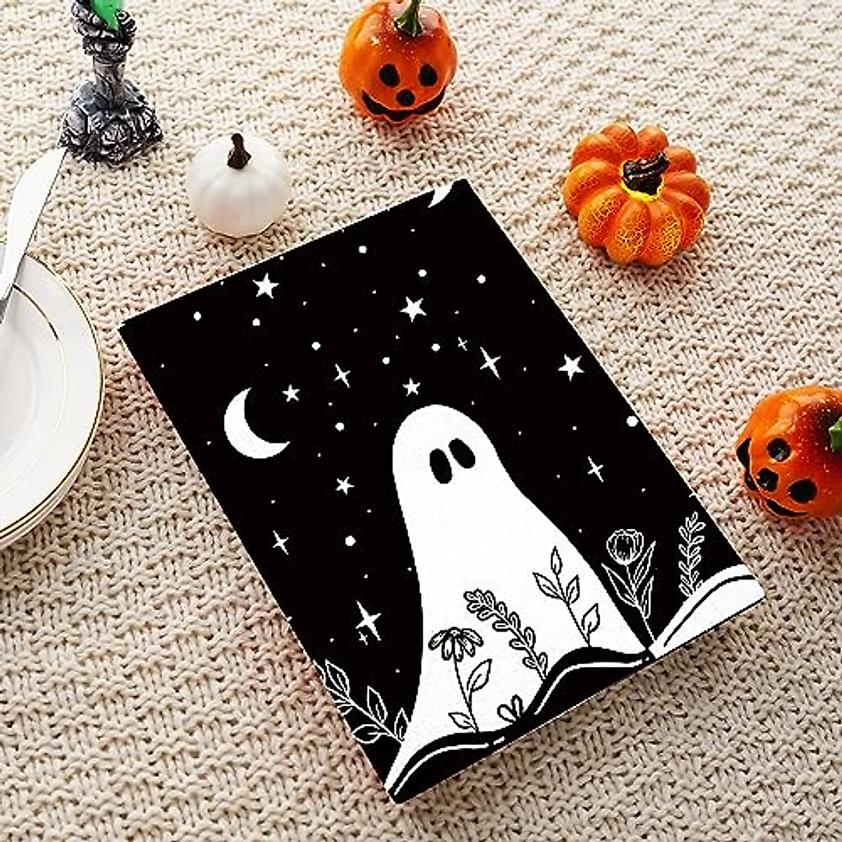 Halloween Kitchen Towels Halloween Ghost Floral Halloween Dish Towels Set of 2, Spooky Holiday Hand Towel 18x26 Inch Drying Cloth Towel for Kitchen Home Decoration