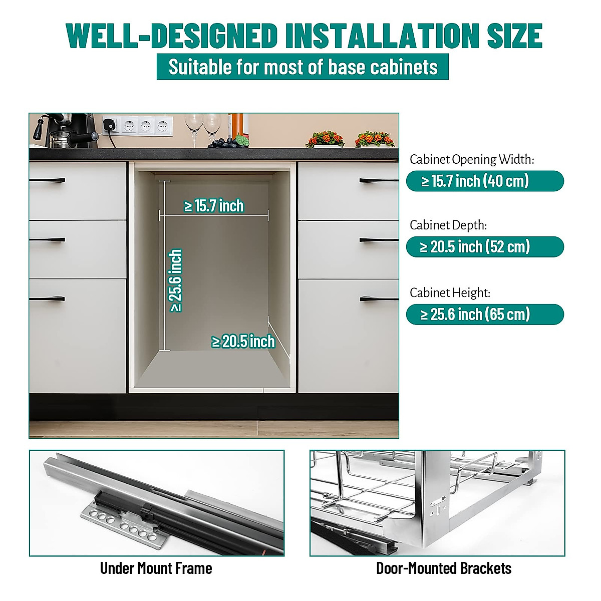 Pull-Out Trash Can, 50Qt Double Bins, Under Mount Waste Container with Soft-Close Slides, 176 lbs Load Capacity & Door-Mounted Brackets Garbage Recycling Bin with Lids for Kitchen Home Cabinet (2pack)