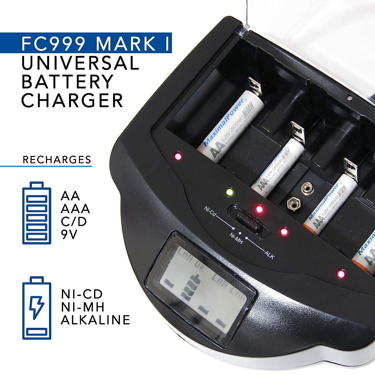 MaximalPower Universal Battery Charger Station for Alkaline, RAM, Ni-MH, Ni-CD, AA, AAA, C, D, 9V Batteries | FC999 Model (Battery Charger)