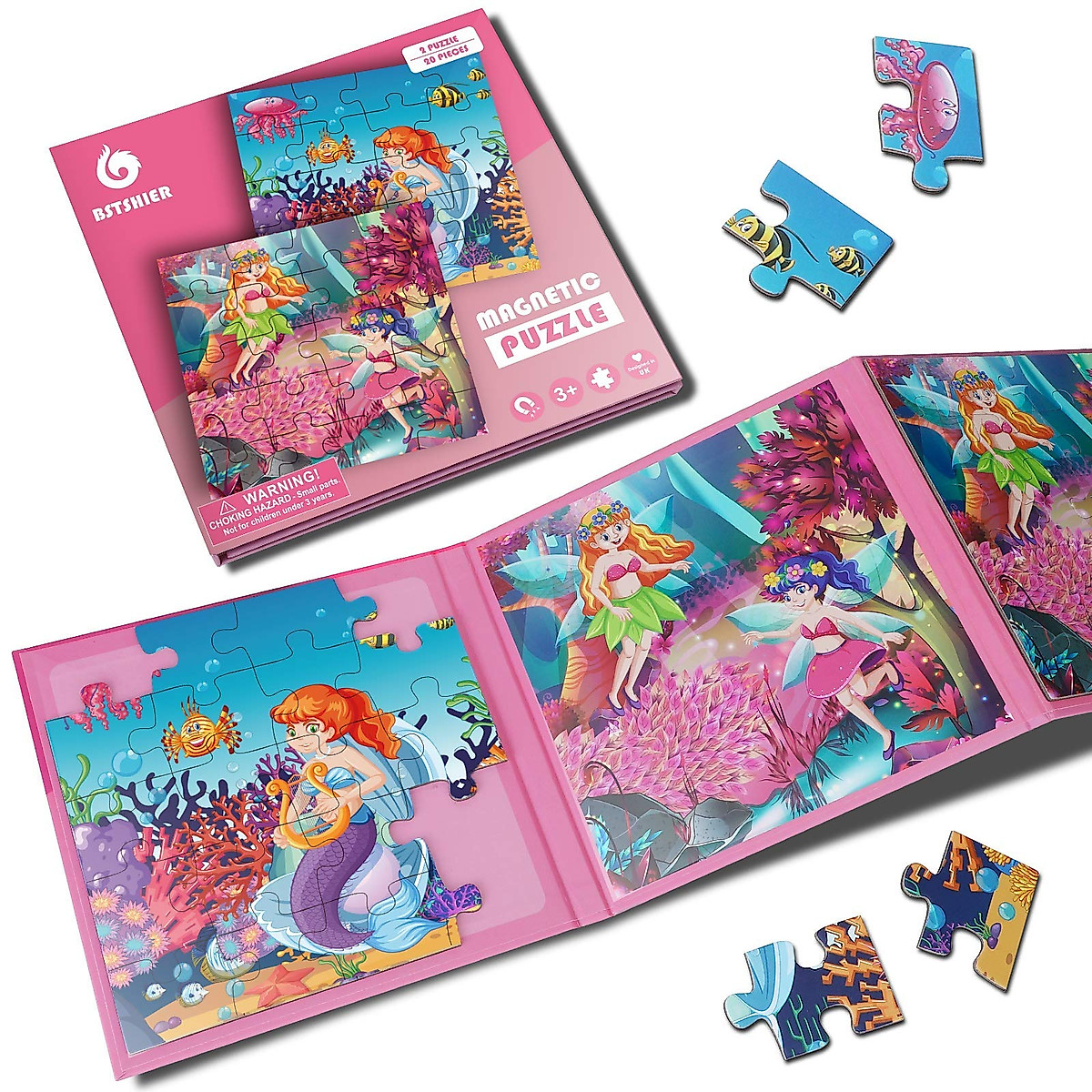 2 Set BST SHIER Magnetic Puzzles for Kids Ages 3 4 5 6, TWO-20 Piece Mermaid Animal Wooden Jigsaw Puzzles Book for Toddlers, Preschool Educational Toys for 3 4 5 6 Year olds Boys and Girls…