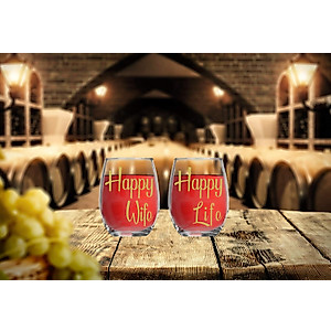 Happy Wife, Happy Life - 15oz Crystal Wine Glasses - Couples Stemless Wine Glasses – His And Hers Gifts Ideas For Anniversary, Weddings, Bridal Showers