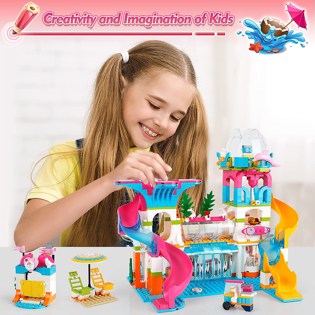 Building Set for Girls Friends Set Summer Swimming Pool Building Toys Water Park Building Blocks Playset Includes Ice-Cream Car, Shower Room, Christmas Birthday Present Gift for Kids Girls 6-12