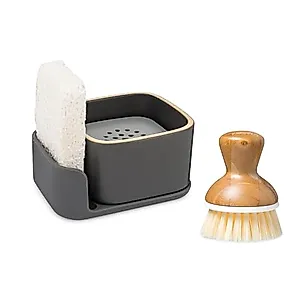 Full Circle Bubble Up Combo - Elegant Gray Ceramic Soap Dish with Eco Sponge & Bamboo-Handled Dish Brush - Versatile Natural Kitchen Cleaning Set Tool for Pots, Pans, Counter & Sink, Gray