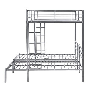 BOVZA Metal Triple Bunk Bed, Full Over Twin & Twin Size Bunk Bed with Built-in Shelf and Ladder, 3 Bunk Beds for Kids Teens Adults, Silver