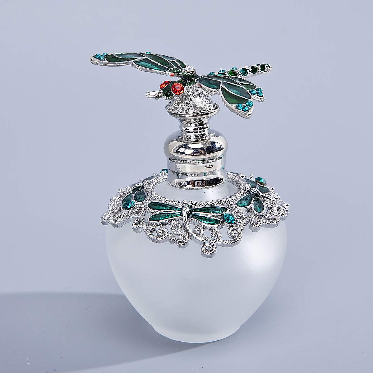 YU FENG 40ml Fancy Empty Crystal Perfume Bottle with Green Dragonfly Stopper Rhinestones Bejewelled Refillable Glass Bottle Containers