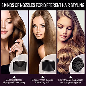 Roykoo 2000W Ionic Hair Dryer - Fast Drying, 3 Heat/2 Speed Settings, With Diffuser and Nozzles for Home and Travel Use