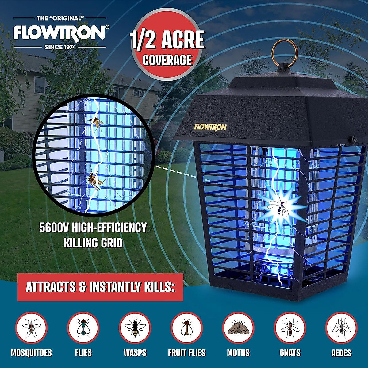 Flowtron Bug Zapper, 1/2 Acre of Outdoor Coverage with Powerful 15W Bulb & 5600V Instant Killing Grid, Electric Insect, Fly & Mosquito Zapper With Wall Mounting Bracket & Mosquito Attractant Cartridge
