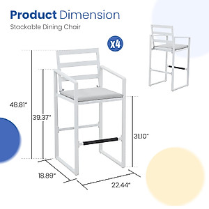 SUNSITT Outdoor Bar Stools Set of 4, All-Weather Aluminum Barstools Bar Height Patio Chairs w/Cushions & Footrest for Backyard Balcony Pool Lawn, White