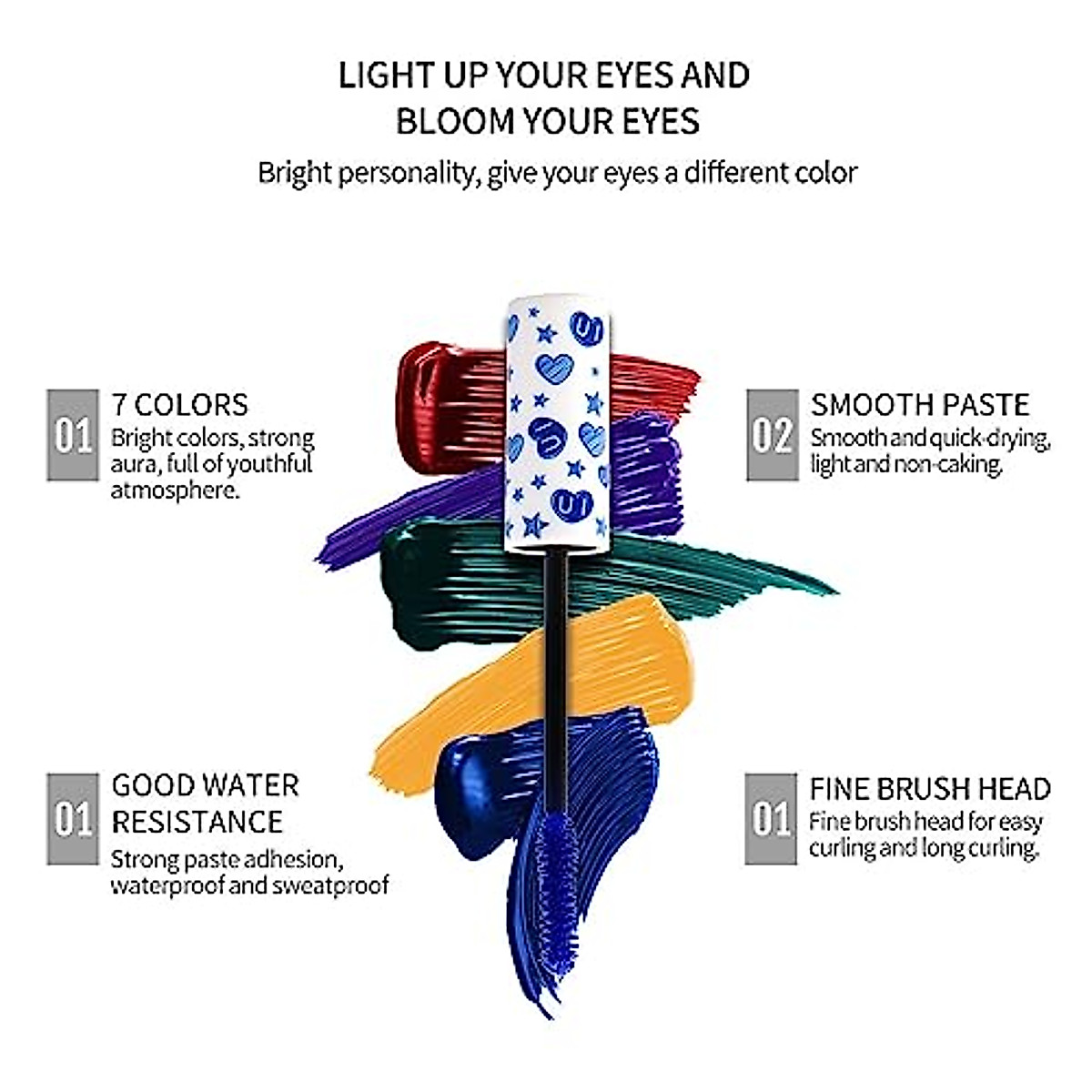 MAEPEOR Colored Mascara 7 Pack Waterproof and Smudgeproof Longlasting Mascara Cruelty Free & Vegan Volume Mascara (7 Colors Set 1)