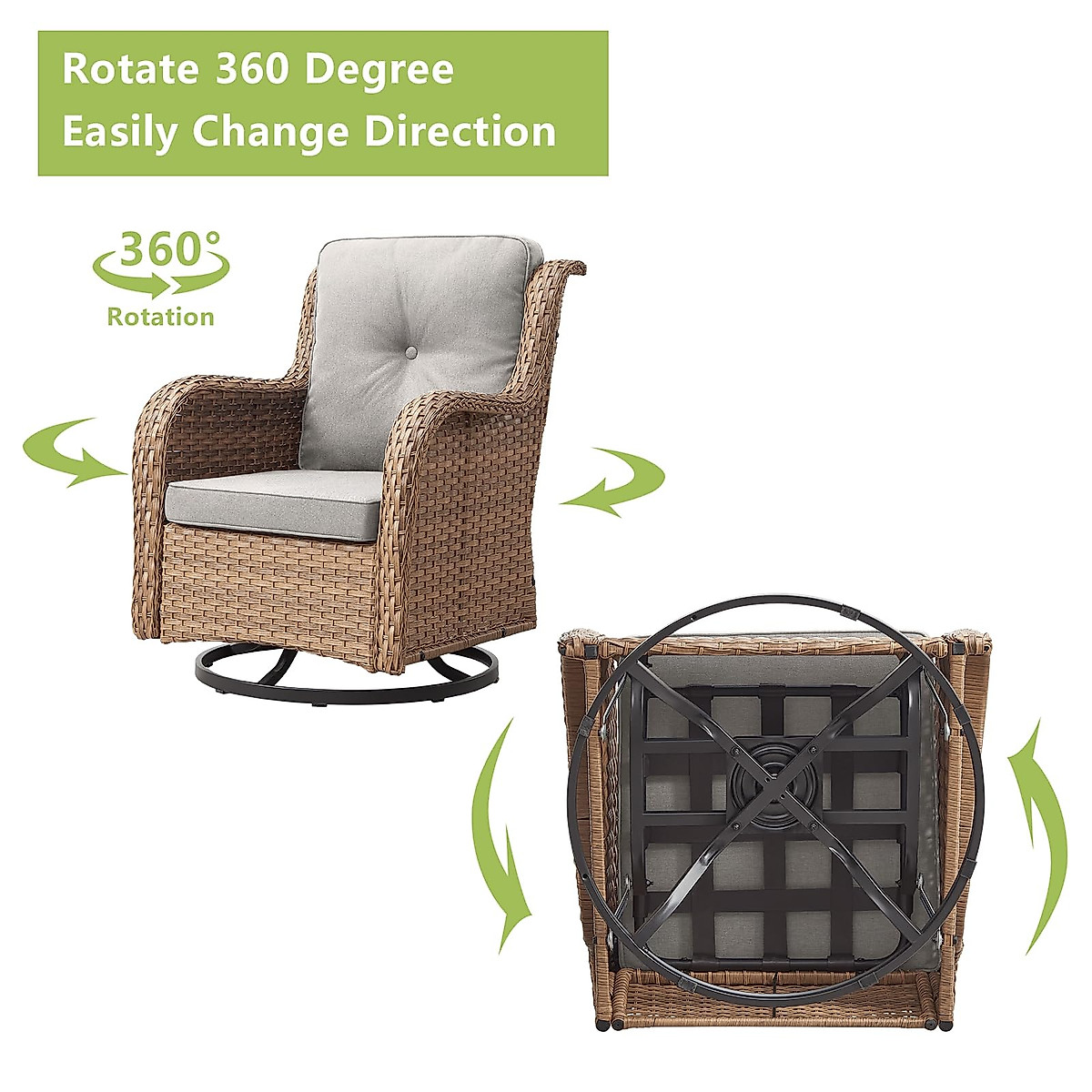 Rilyson Patio Furniture Swivel Chairs Set - 5 Piece Rattan Wicker Outdoor Sectional Conversation Sets with 2 Swivel Rocking Chairs,2 Ottomans and 1 Side Table for Porch Deck Garden(Yellow/Beige)