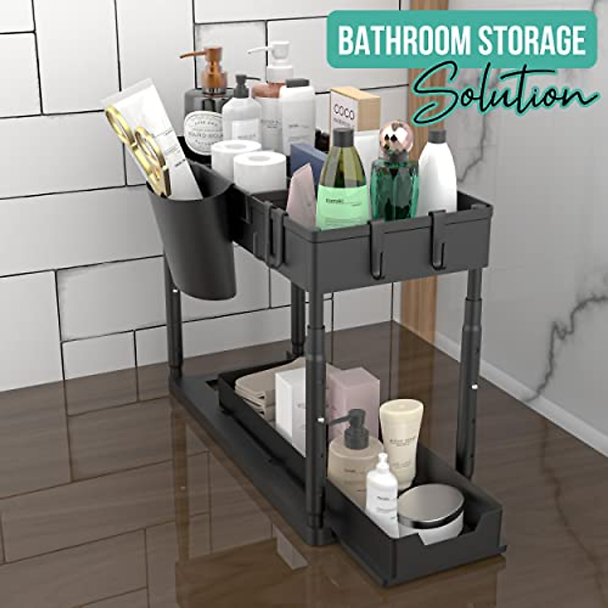STORVAGE Height Adjustable Under Sink Organizer Kitchen 2 Tier Under Sink Organizers and Storage Bathroom, Sliding Basket Bathroom Cabinet Organizer with Hooks, Hanging Cup & Dividers (Black, 1)