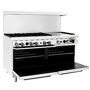 CookRite ATO-6B24G Commercial Liquid Propane Range 6 Burner Hotplates with 24" Manual Griddle 2 Standard Ovens 60'' Restaurant Range- 240000 BTU