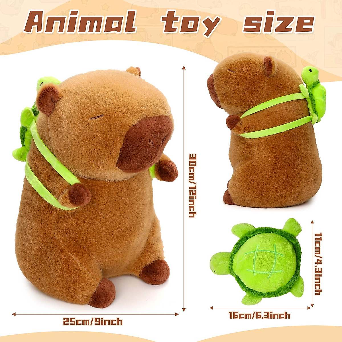 Cute Capybara Plush Toy, 12 INCH Capybara Stuffed Animals Plushies with Removable Turtle Backpack, Soft Capybara Doll Pillow for Kids Boys Girls Birthday Gifts