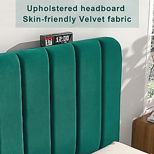 VECELO Queen Size Bed Frame with Adjustable Headboard, Velvet Heavy Duty Platform Beds with Strong Wood Slats Support, No Box Spring Needed, Green