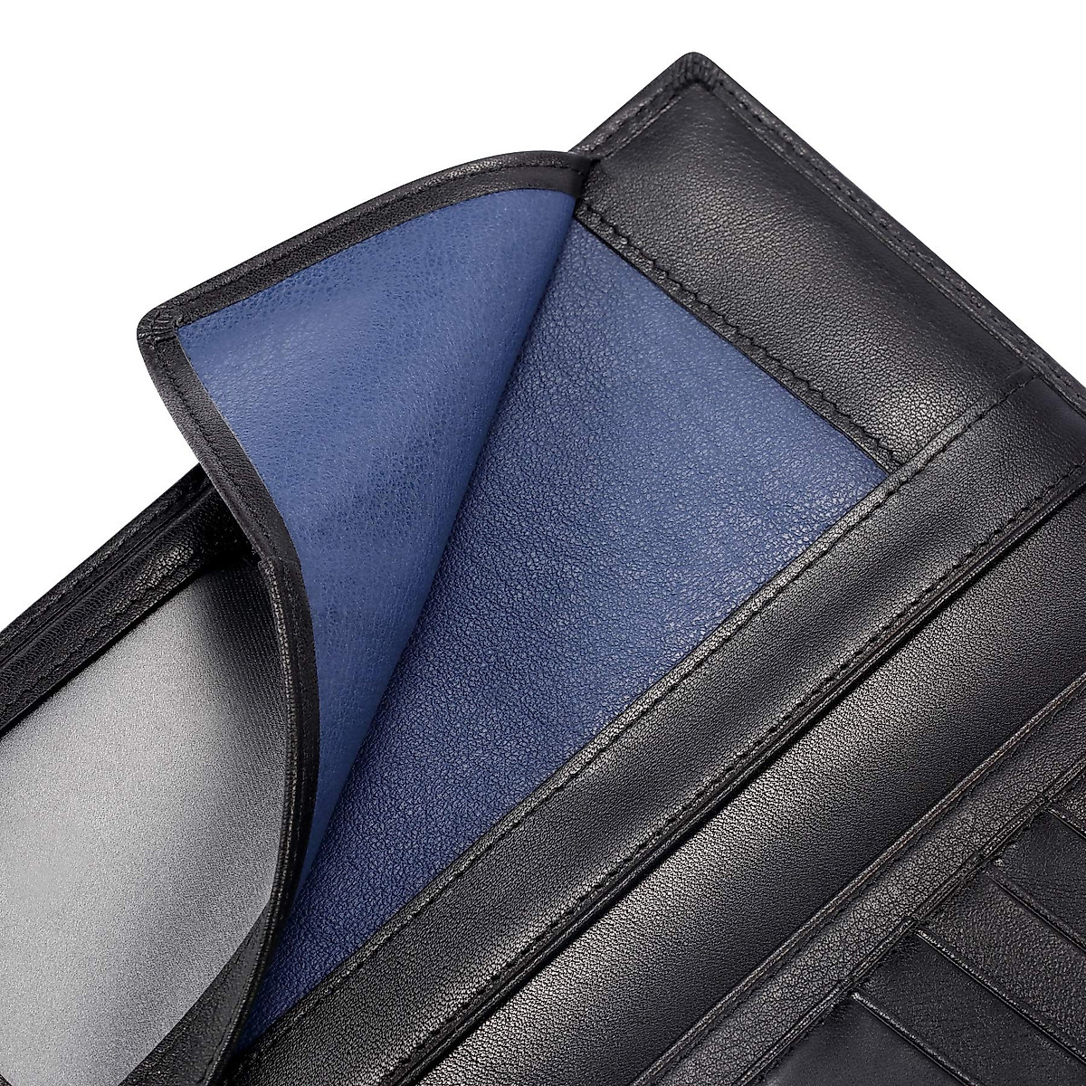 HISCOW Slim Leather Long Wallet for Men & Women, Italian Calfskin, Breast Pocket Wallet for Checkbook, Credit Cards (Black)