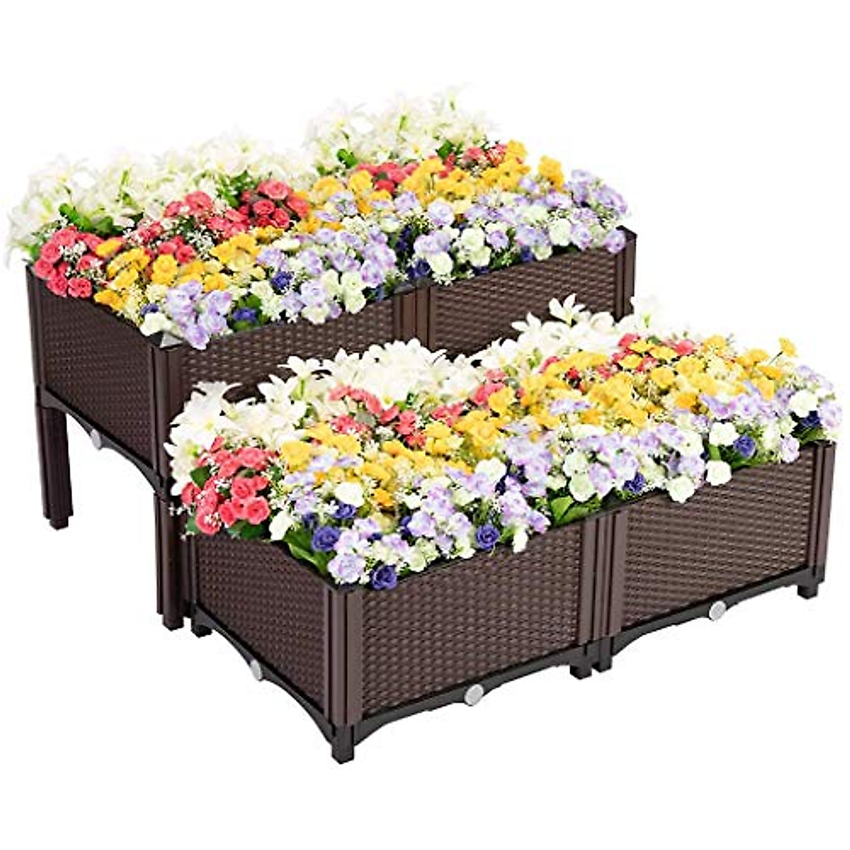 VIVOHOME Elevated Plastic Raised Garden Bed Planter Kit for Flower Vegetable Grow Brown Set of 4