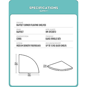 Baffect Corner Floating Shelves, Set of 3 Fan-Shaped Wooden Storage Board, Decorative Wall-Mounted Shelves for Living Room (White, 9.85in)