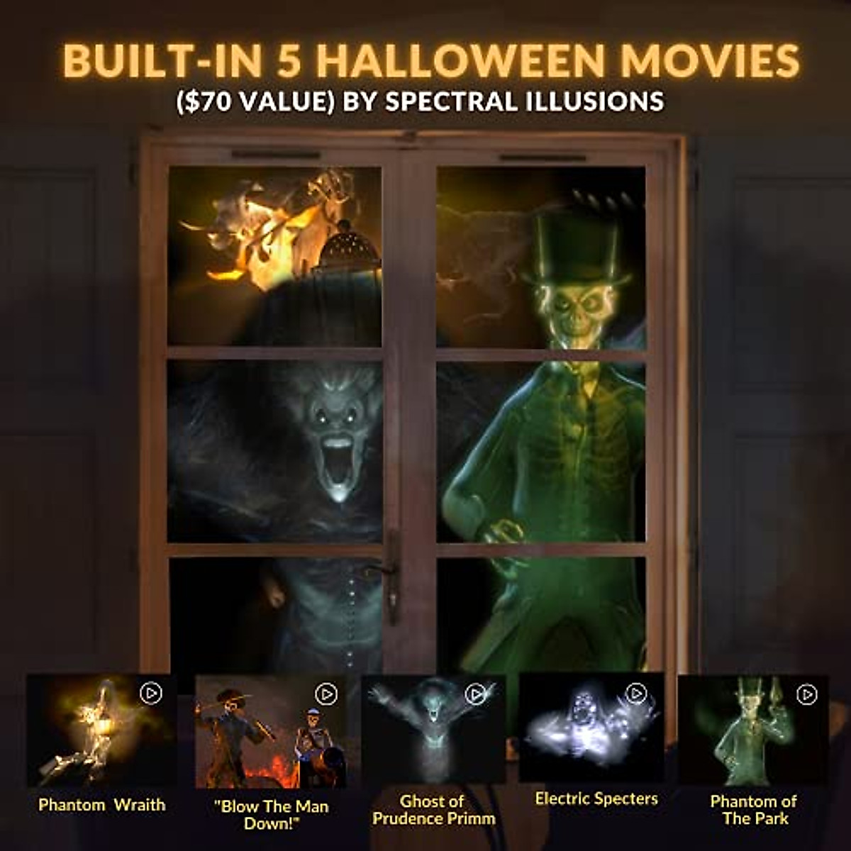 HP1 Halloween Projector for Windows, Pumpkins, Other Holographic Projections, Premium DLP LED Projector with 5 Onboard Spectral Illusions Ghosts and wraiths, Built in Speaker, 4 Hr Battery, Bluetooth