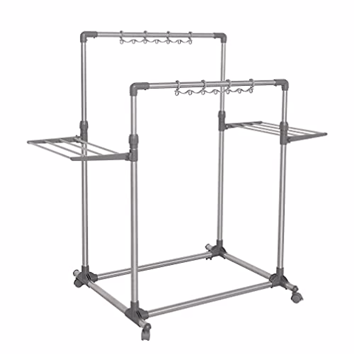 Hershii Rolling Garment Racks for Hanging Clothes Heavy Duty Clothing Drying Rack Double Rails Laundry Hanger Storage Organizer with Foldable Shelves & Windproof Hooks - Height Adjustable