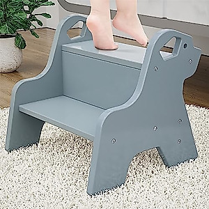 Jemyda 2 Step Stool for Kids, Toddler Step Stool for Bathroom Sink, Non-Slip Kid Stool for Toilet Potty Training, Durable Sturdy Step Stool for Kitchen (Grey Dog)