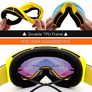 JULI Kids Ski Goggles,Interchangeable Double Layer Spherical Lens,OTG Anti-Fog Snowboard Skate Snow Goggles Age 4-16 4300（Yellow）