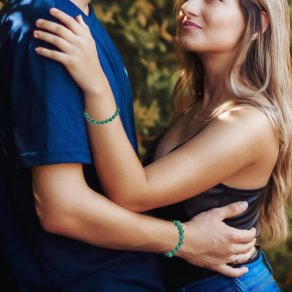 HUJUON 2Pcs Natural Malachite Bracelet Set,Handmade Gemstone Malachite Stone Beaded Stretch Bracelets Yoga Natural Stone Beads Bracelet for Women Men (2Pcs)