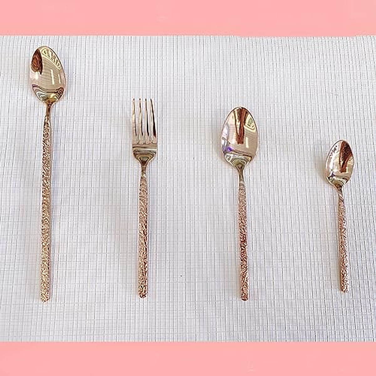 Silverware Set Flatware Rose Gold Hammered Cutlery Utensil Food-Grade Stainless Steel，Home Restaurant Small Business,Mirror Finish Tableware 24 Piece Service for 6