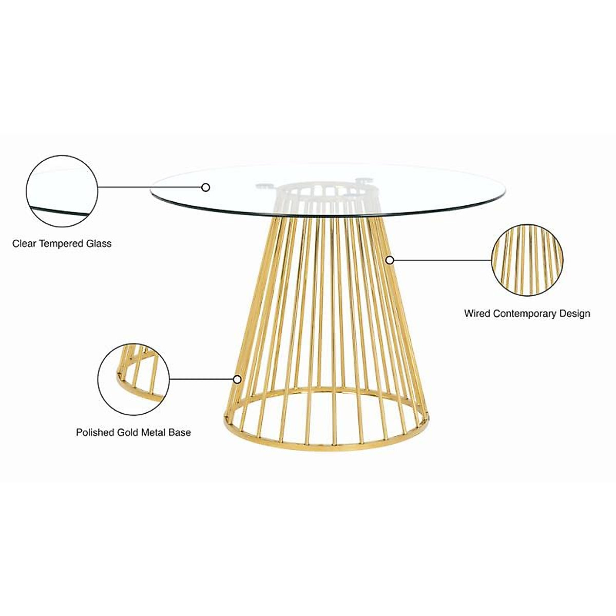 Meridian Furniture Gio Collection Modern | Contemporary Clear Tempered Glass Top Table with Wired Design, Durable Metal Base, Dining, Polished Gold Finish