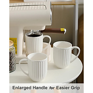 Hasense Ceramic Coffee Mugs Set of 4, 16 Oz Large Ribbed Coffee Cups with Big Handle, Unique Modern Style White Latte Mugs for Tea,Cocoa,Milk,Cappuccino, Microwave & Dishwasher Safe