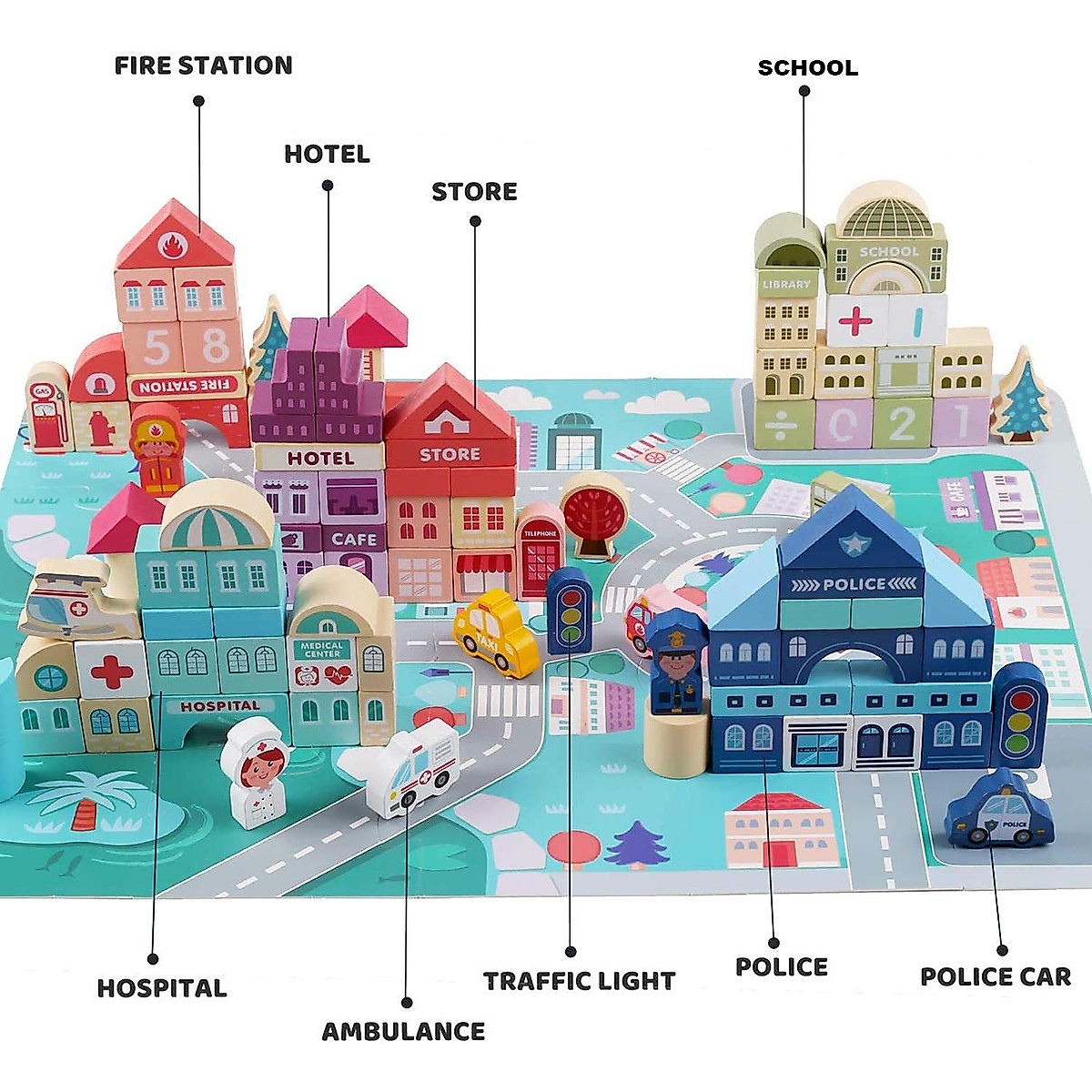 120PCS Wooden Blocks, Preschool Learning Educational Toys, Wooden Toddler Toys with City Map Construction, Stacking Blocks for 3+ Years Old Kids Boys Girls Children (Multicolored)